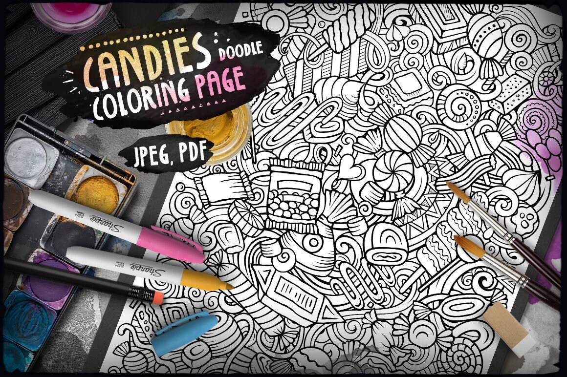 CANDIES Digital Coloring Page, Sweets Doodle Adult Coloring Book ...