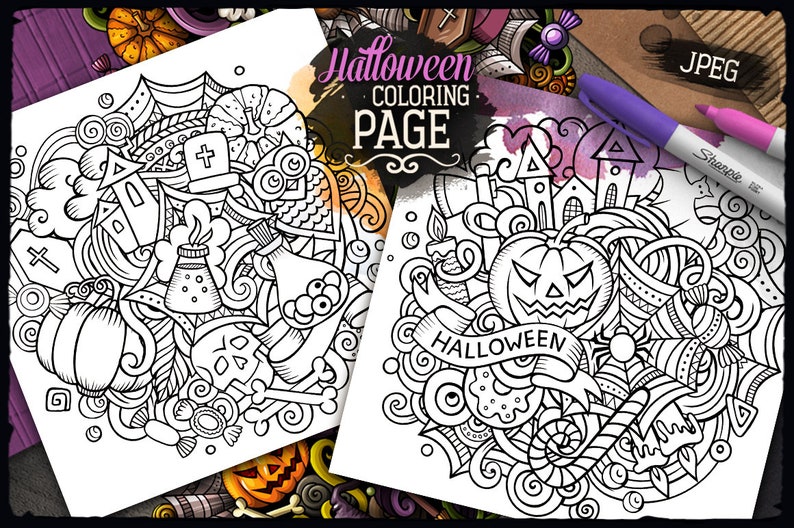 8 Happy Halloween Digital Coloring Pages Adult Coloring | Etsy