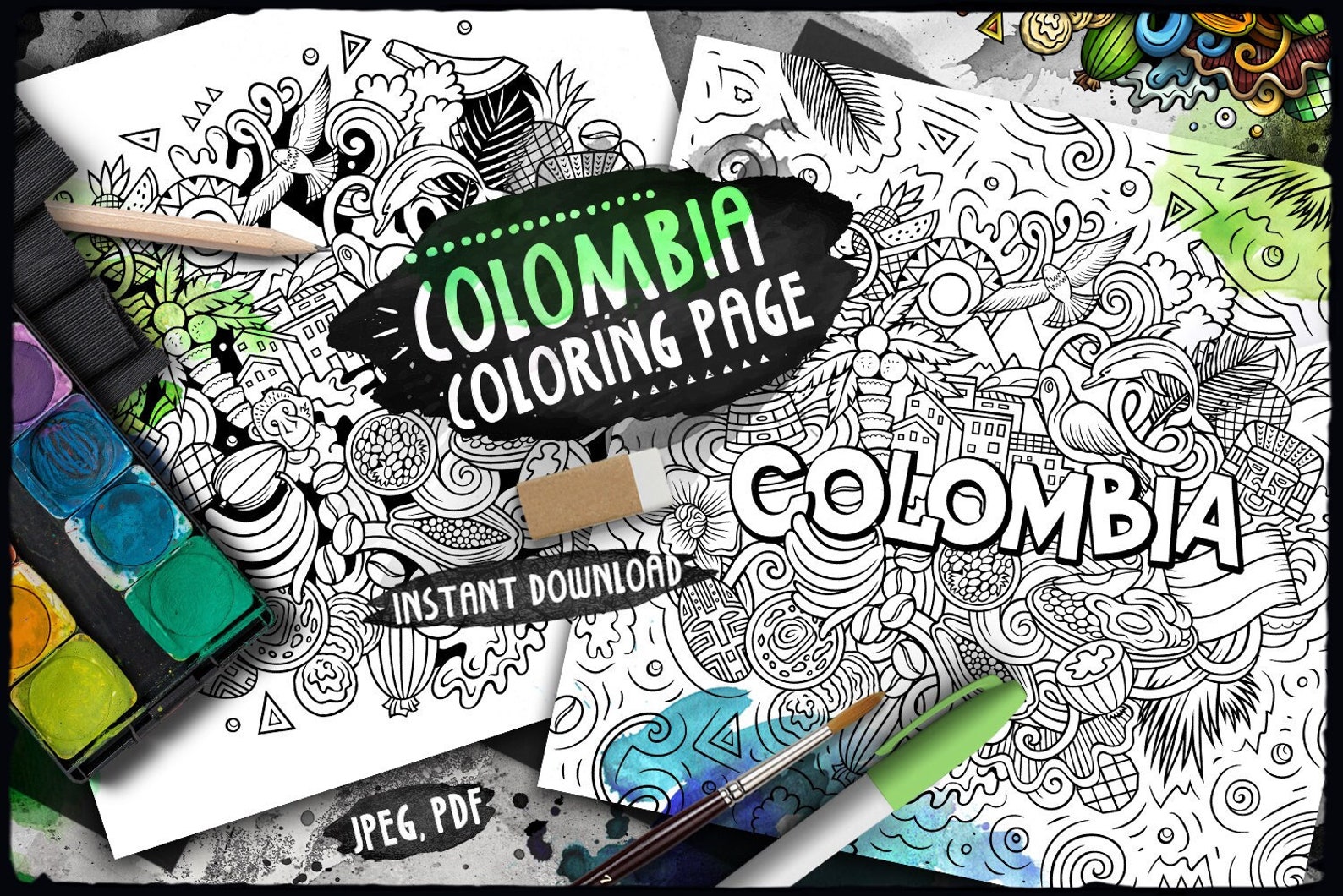 COLOMBIA Digital Coloring Page/ Latino Adult Coloring/ Latin American ...