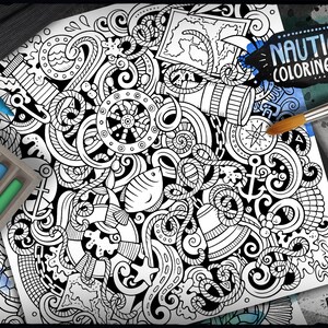 NAUTICAL Digital Coloring Page, Marine Doodle Adult Coloring Book ...