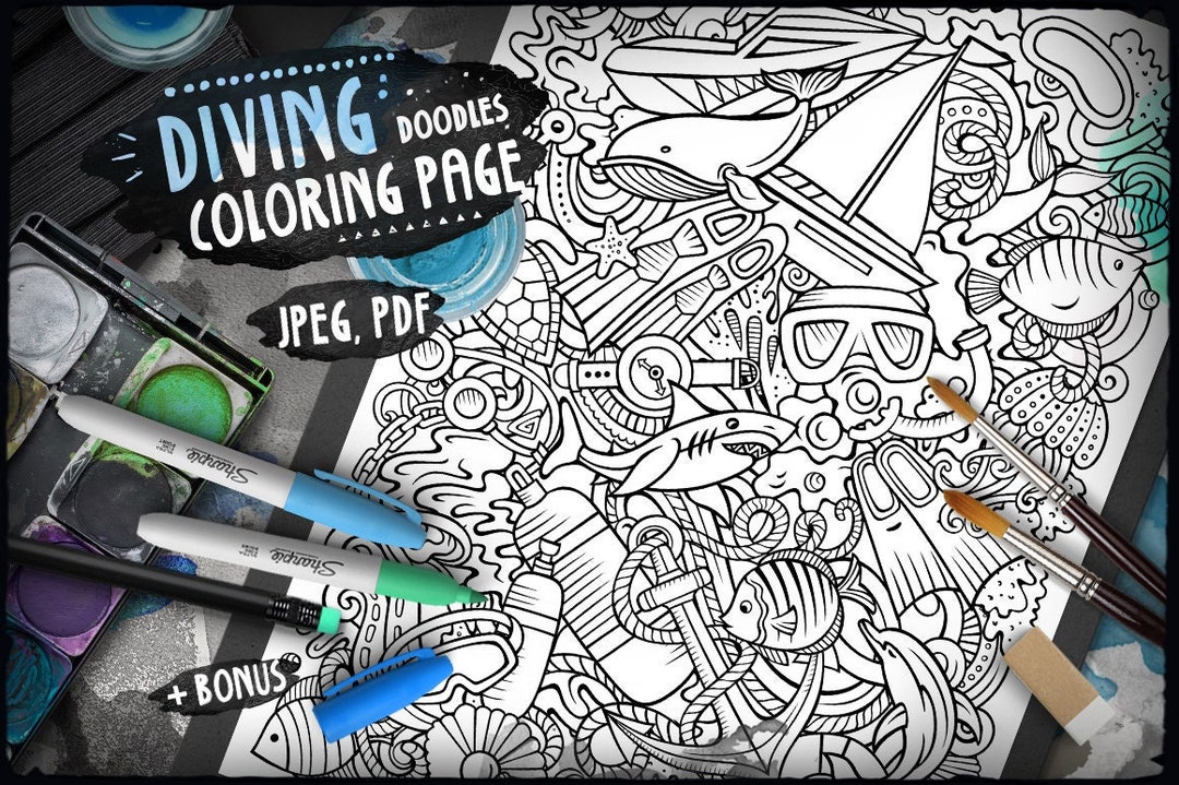 Diving Coloring Page/ Water Sports Doodle/ Adult Coloring Book/ Digital ...