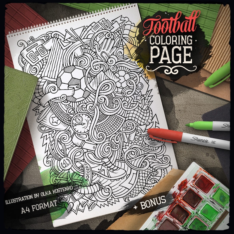 SOCCER Digital Coloring Page, Football Doodle Adult Coloring Book ...