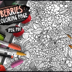 BERRY FRUITS Digital Coloring Page/ Berries Doodle Adult Coloring Book ...