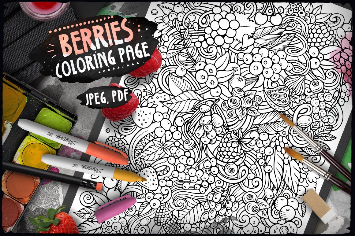 BERRY FRUITS Digital Coloring Page/ Berries Doodle Adult Coloring Book ...