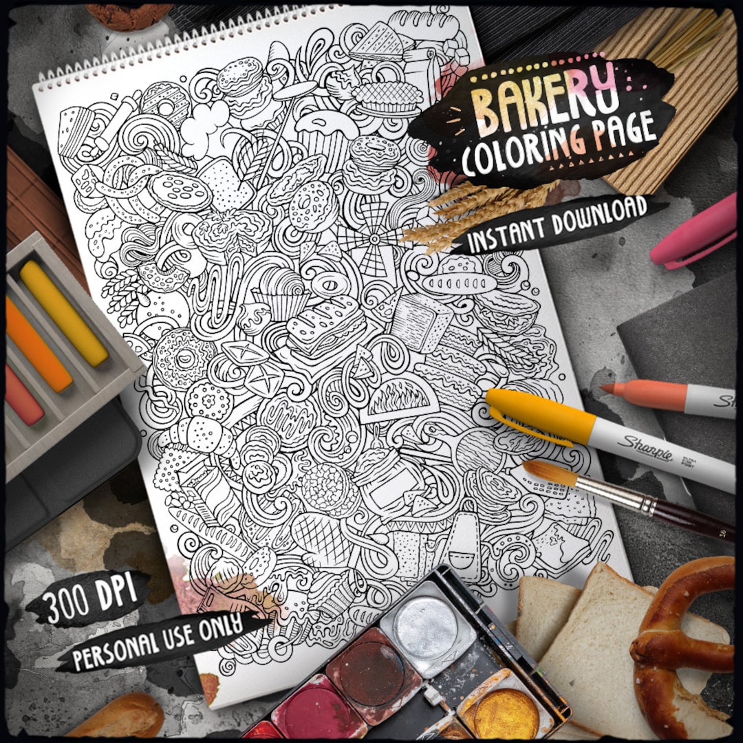 BAKERY Digital Coloring Page, Pastry Doodle Adult Coloring Book ...