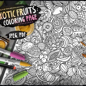 EXOTIC FRUITS Digital Coloring Page/ Tropical Doodle Adult Coloring ...