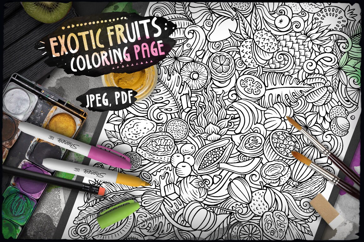 EXOTIC FRUITS Digital Coloring Page/ Tropical Doodle Adult Coloring ...