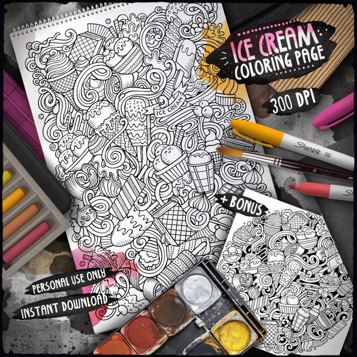 ICE CREAM Digital Coloring Page, Sweet Food Doodle Adult Coloring Book ...