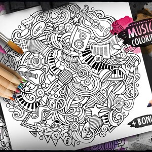 MUSIC Digital Coloring Page Musical Doodle Adult Coloring - Etsy
