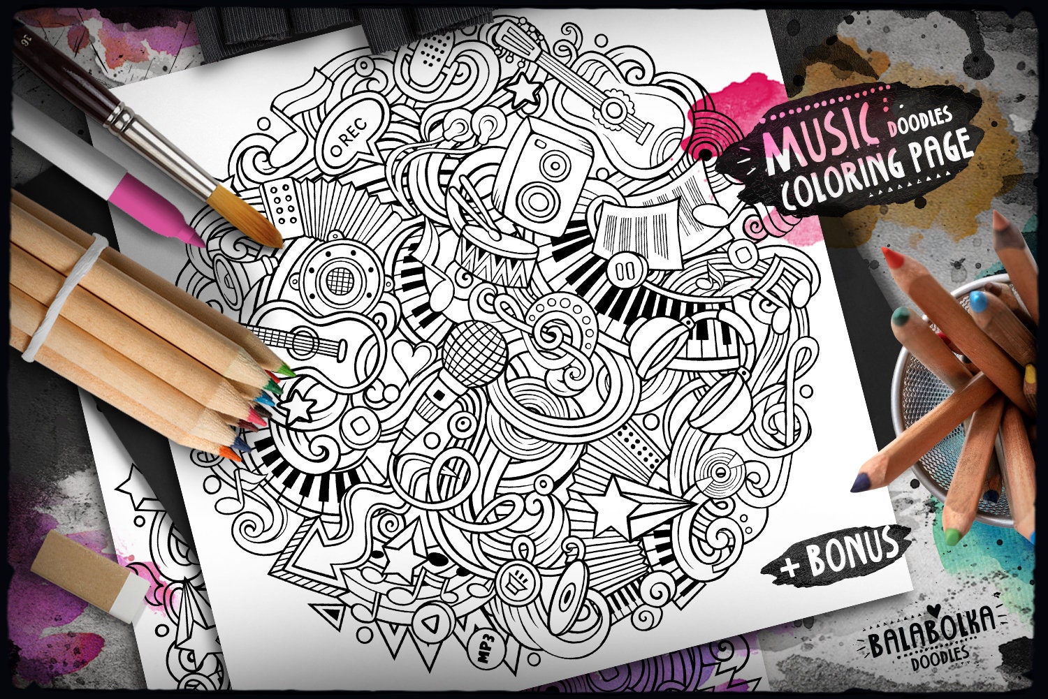 MUSIC Digital Coloring Page, Musical Doodle Adult Coloring Book ...