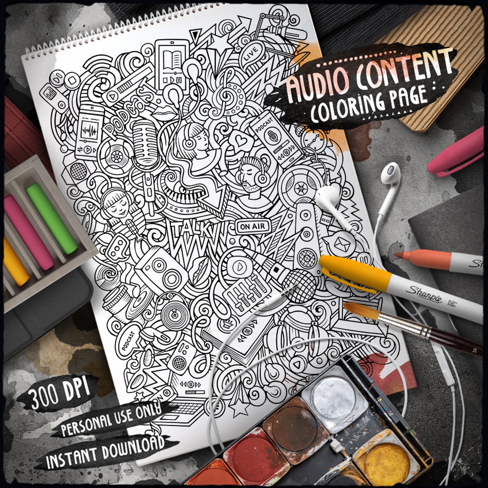 LISTENING to MUSIC Digital Coloring Page Podcast Doodle Adult - Etsy
