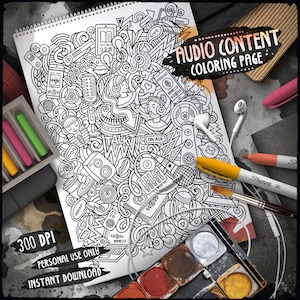 LISTENING to MUSIC Digital Coloring Page, Podcast Doodle Adult Coloring ...