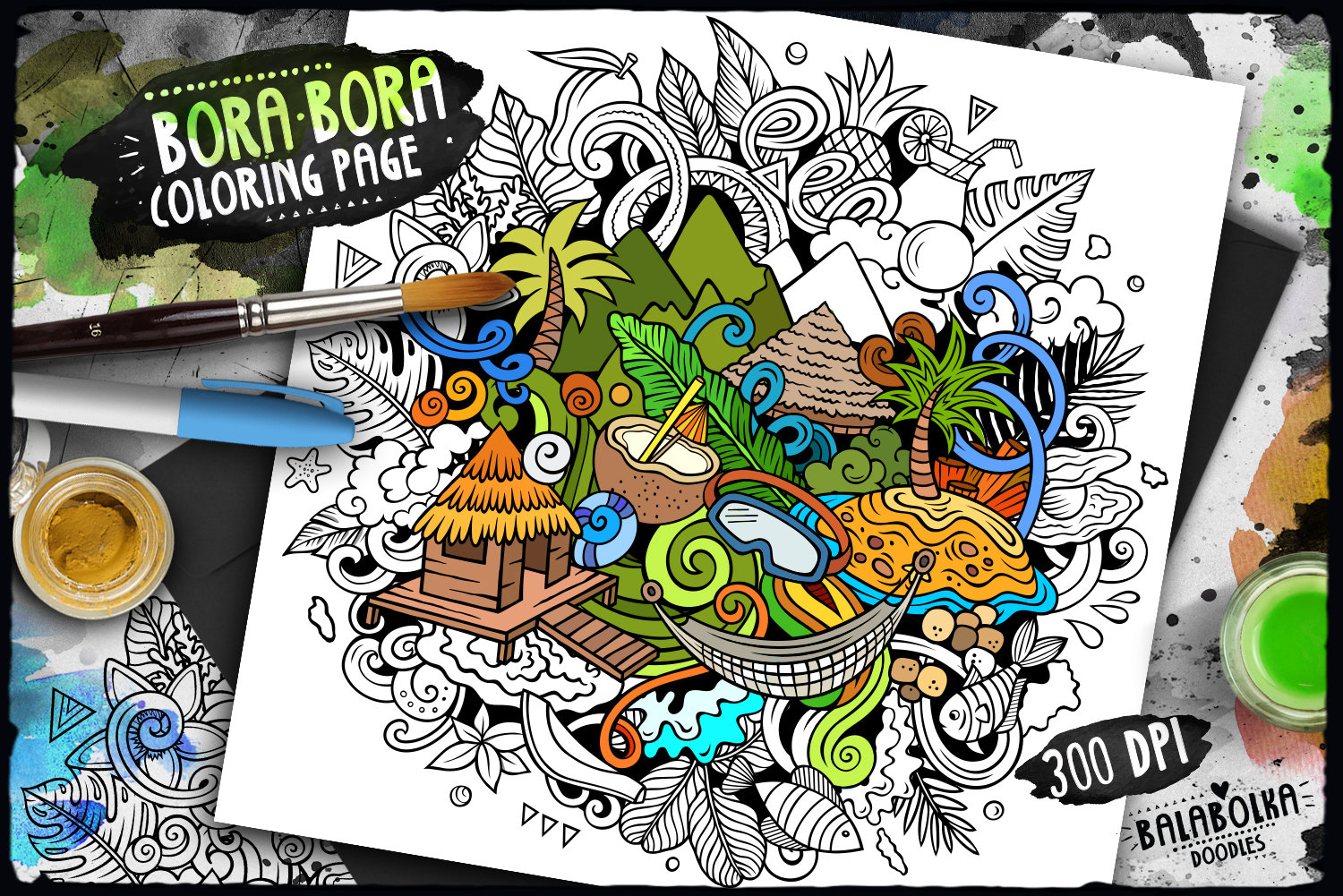BORA-BORA Digital Coloring Page/ Tropical Doodle Illustration/ Exotic ...