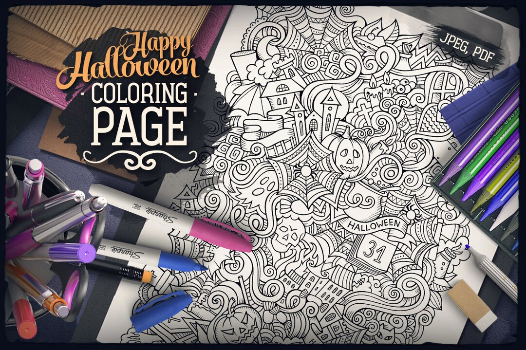 HAPPY HALLOWEEN Digital Coloring Page, Adult Coloring, Halloween ...