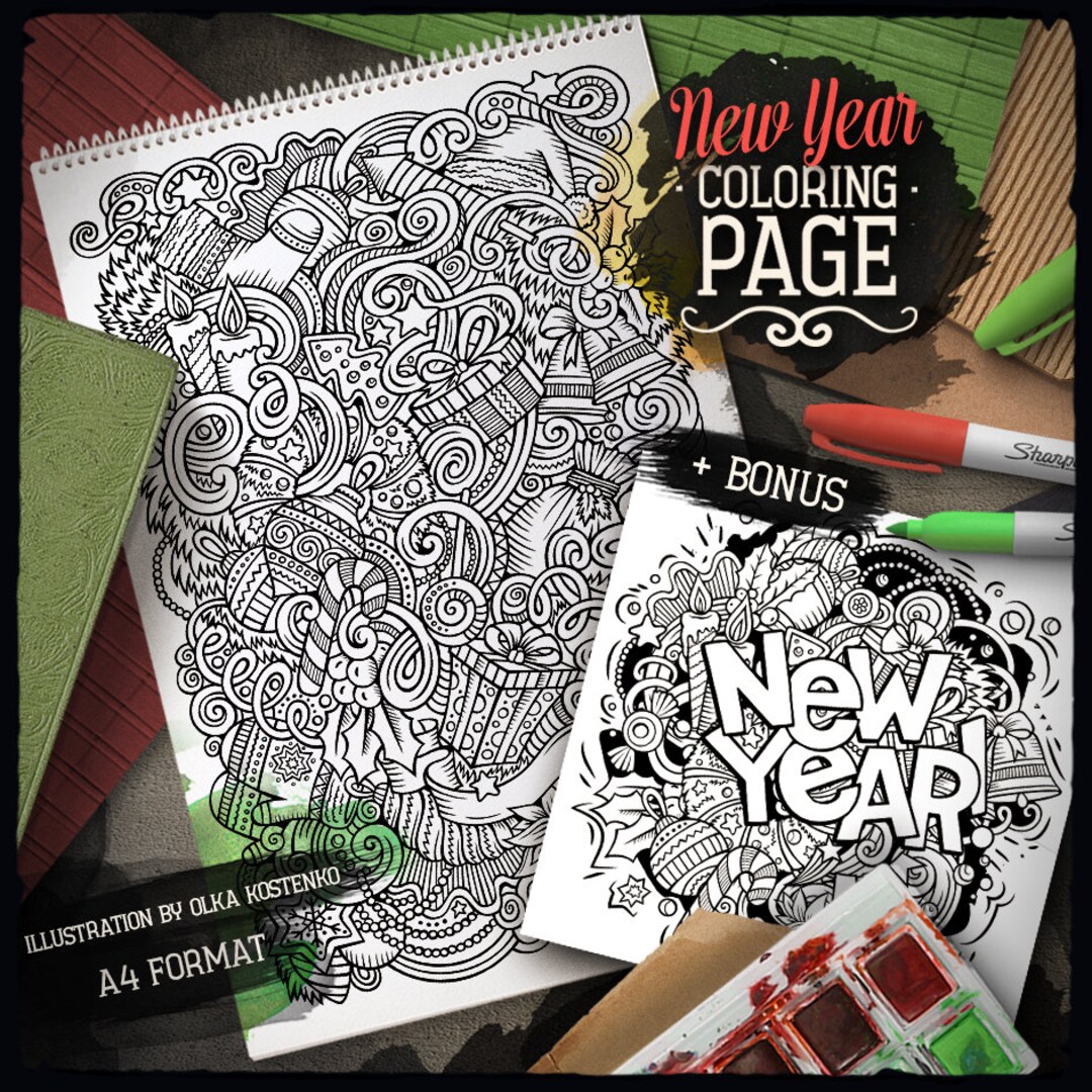 HAPPY NEW YEAR Digital Coloring Page, 2023 Adult Coloring, Printable ...