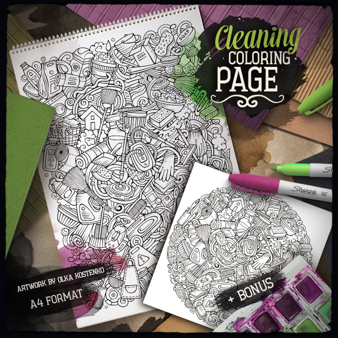 Cleaning Digital Coloring Page, Adult Coloring, Clean Doodles ...