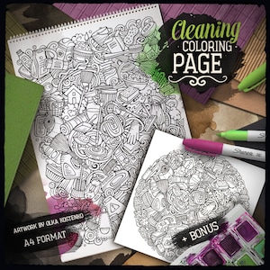 Cleaning Digital Coloring Page, Adult Coloring, Clean Doodles ...