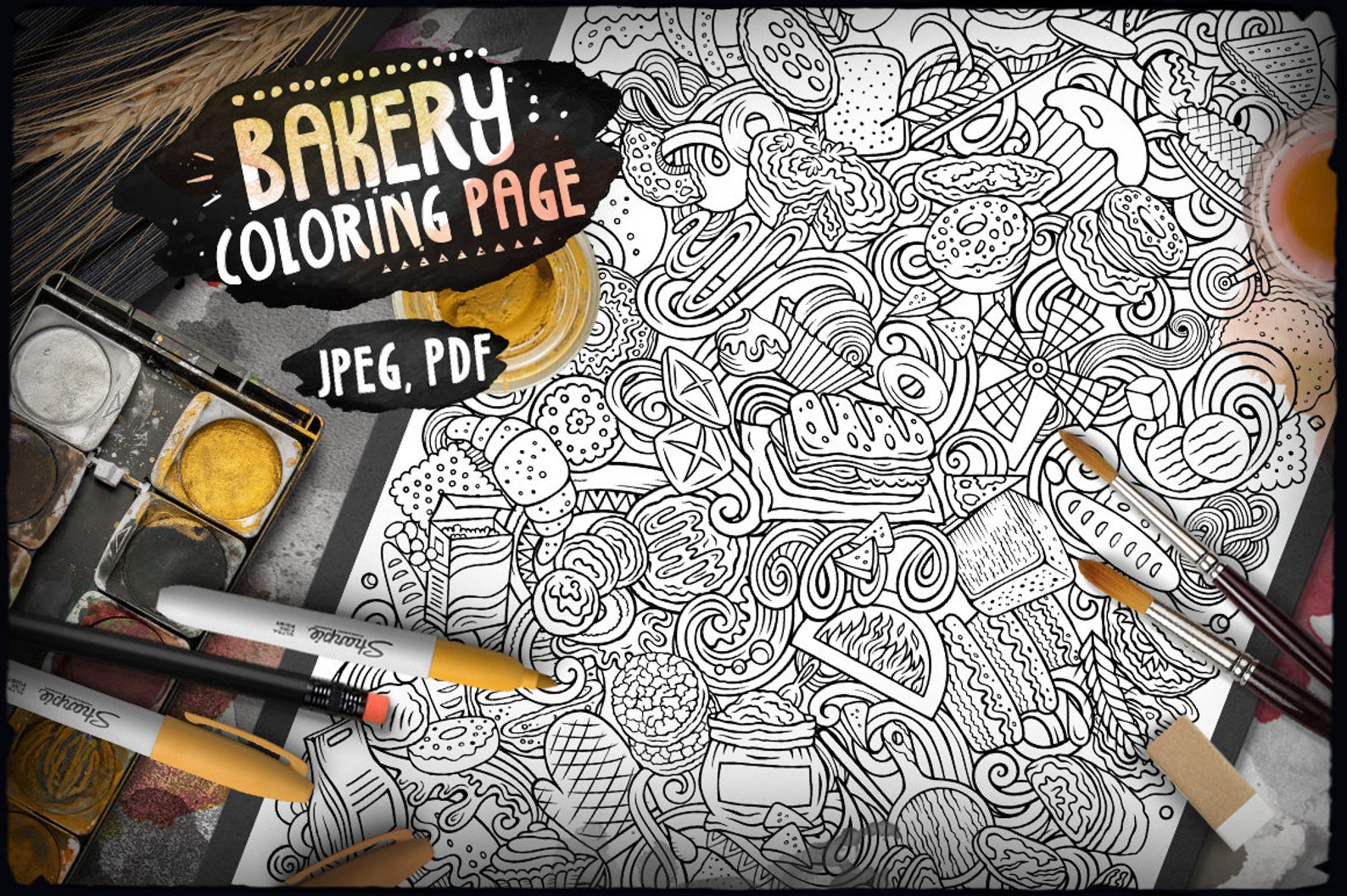 BAKERY Digital Coloring Page, Pastry Doodle Adult Coloring Book ...