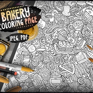 BAKERY Digital Coloring Page, Pastry Doodle Adult Coloring Book ...