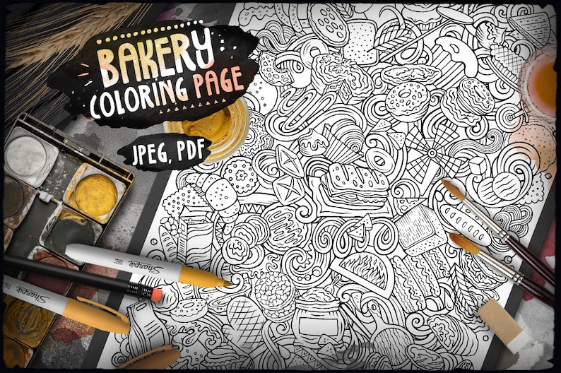 BAKERY Digital Coloring Page, Pastry Doodle Adult Coloring Book ...