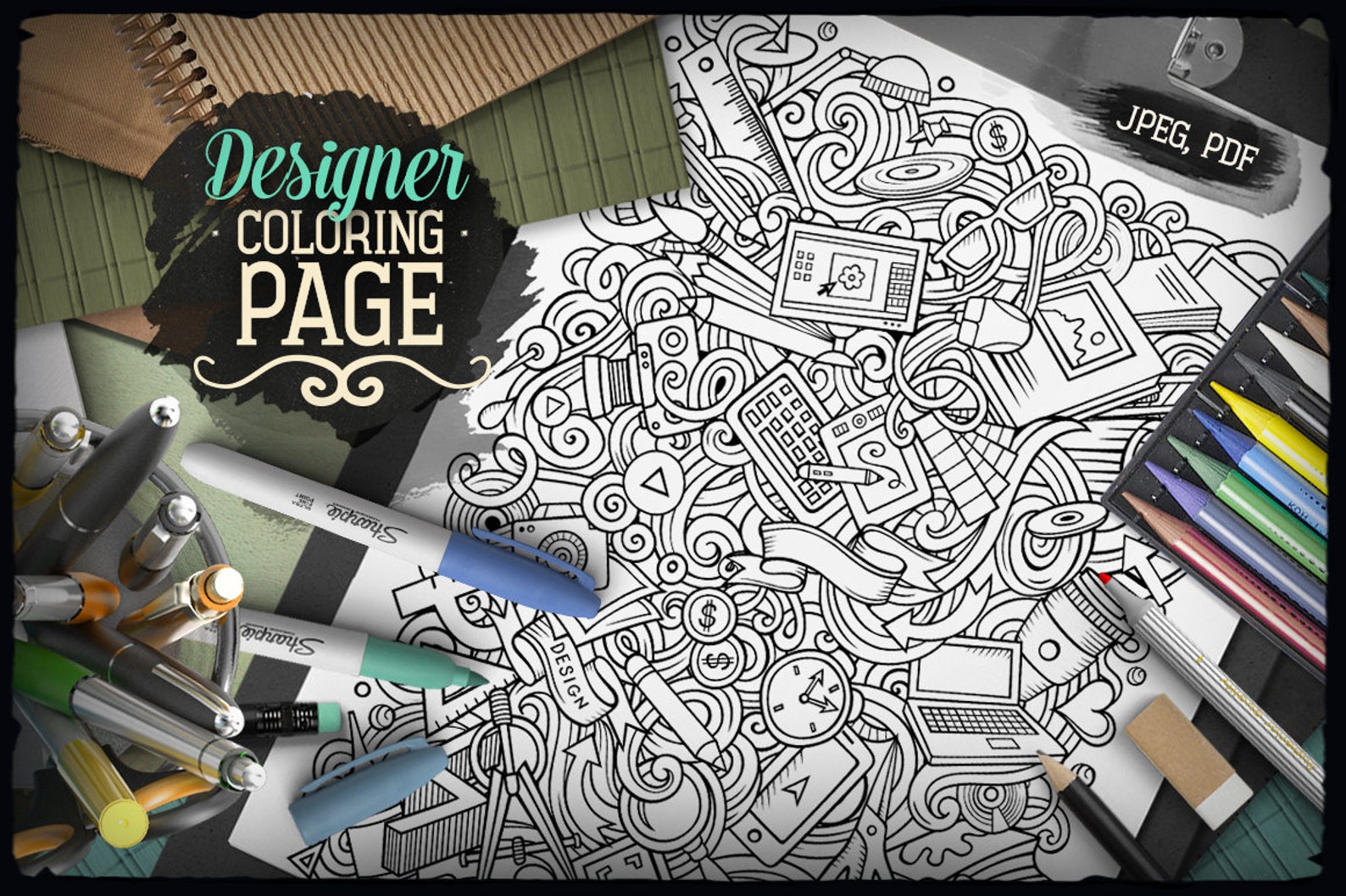 Designer Digital Coloring Page, Adult Coloring Book, Designer Doodles ...