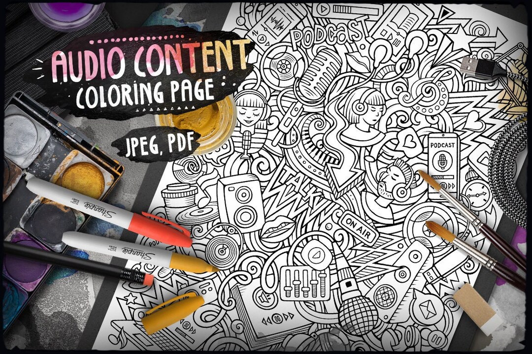 LISTENING to MUSIC Digital Coloring Page Podcast Doodle Adult - Etsy