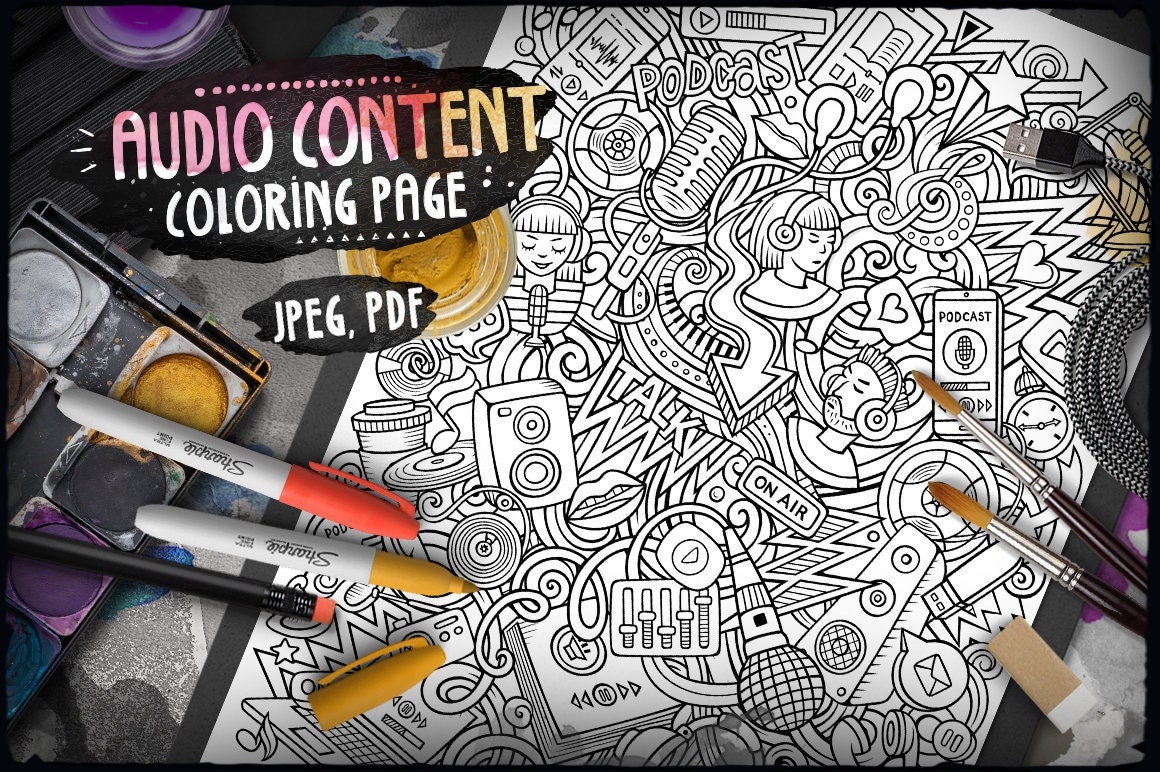 LISTENING to MUSIC Digital Coloring Page Podcast Doodle Adult - Etsy
