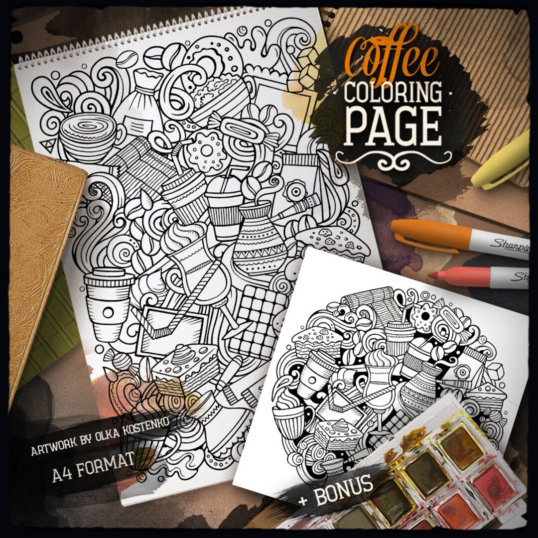 COFFEE Digital Coloring Page, Cafe Doodle Adult Coloring Book ...