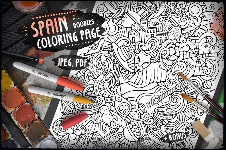 SPAIN Digital Coloring Page, Spanish Travel Doodle Adult Coloring Book ...