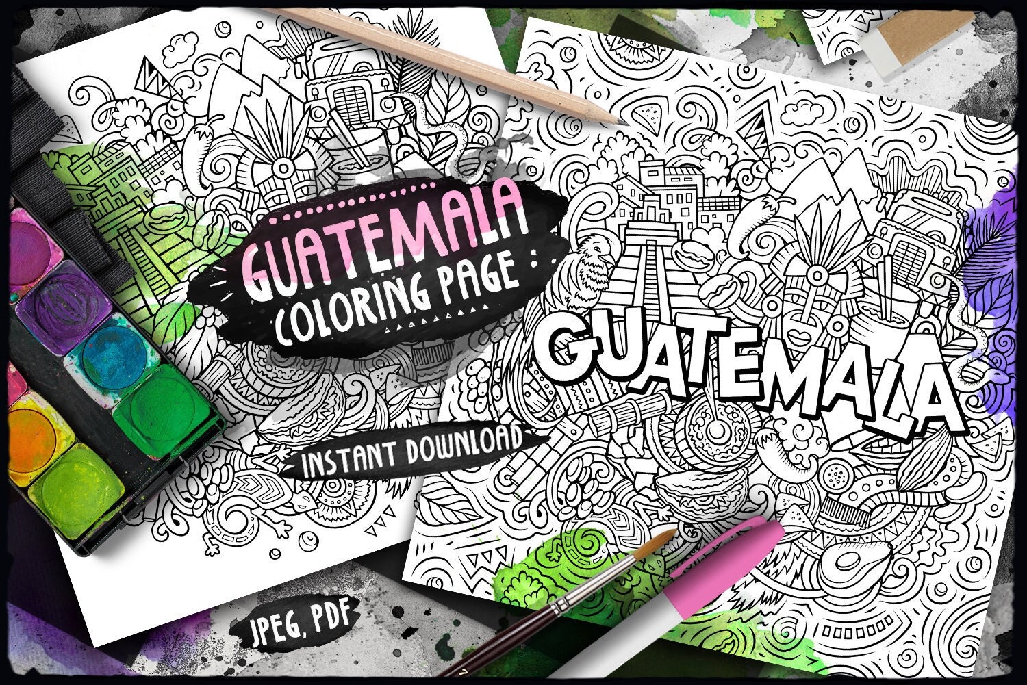 GUATEMALA Digital Coloring Page/ Maya Culture Travel Adult Coloring ...