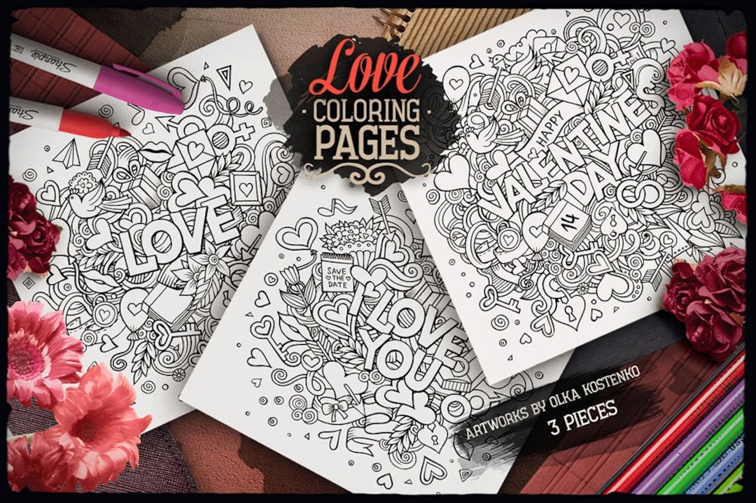 LOVE, I LOVE YOU, Happy Valentines Day, Digital Coloring Page, Adult ...