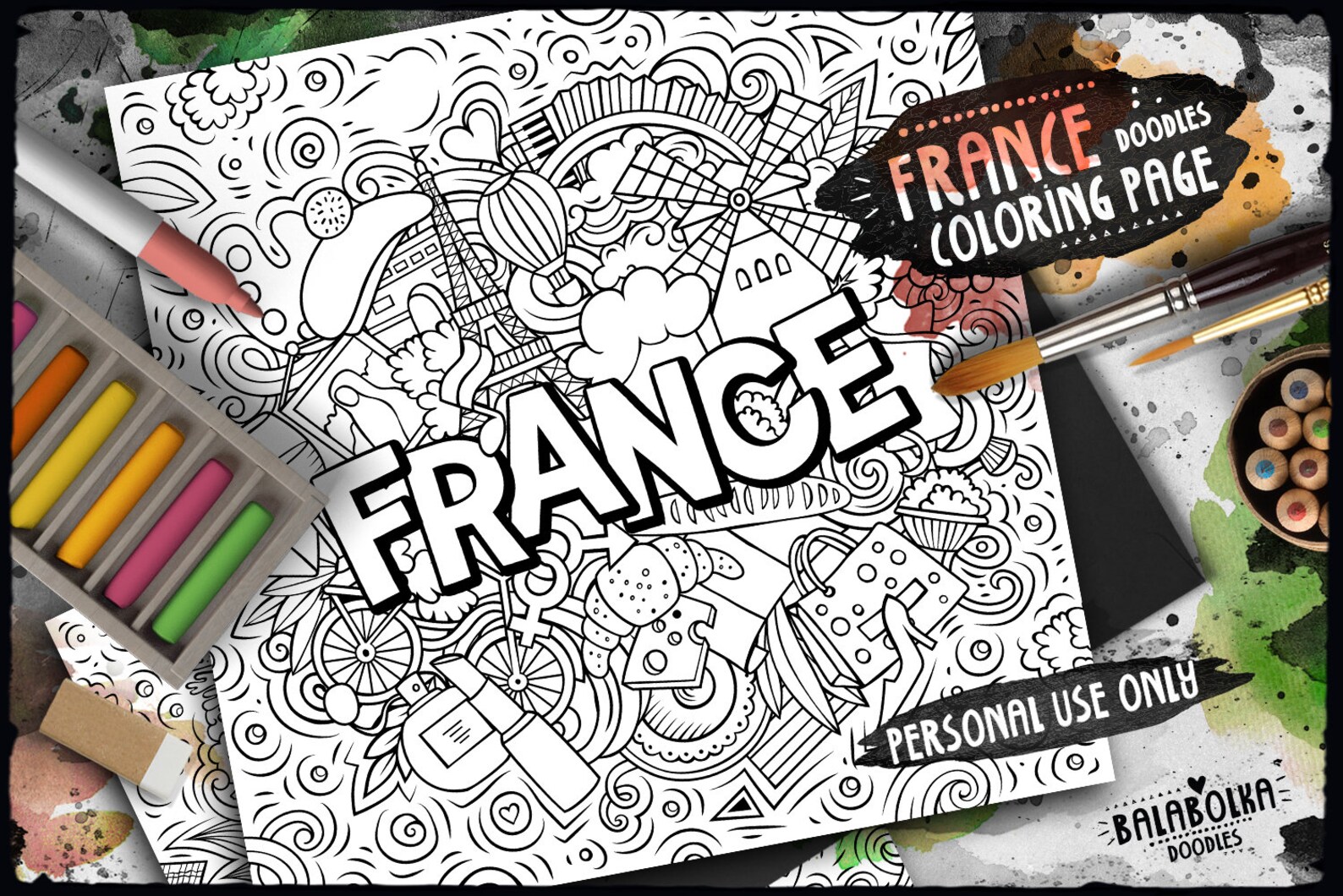 FRANCE Digital Coloring Page/ French Adult Coloring/ Around the World ...