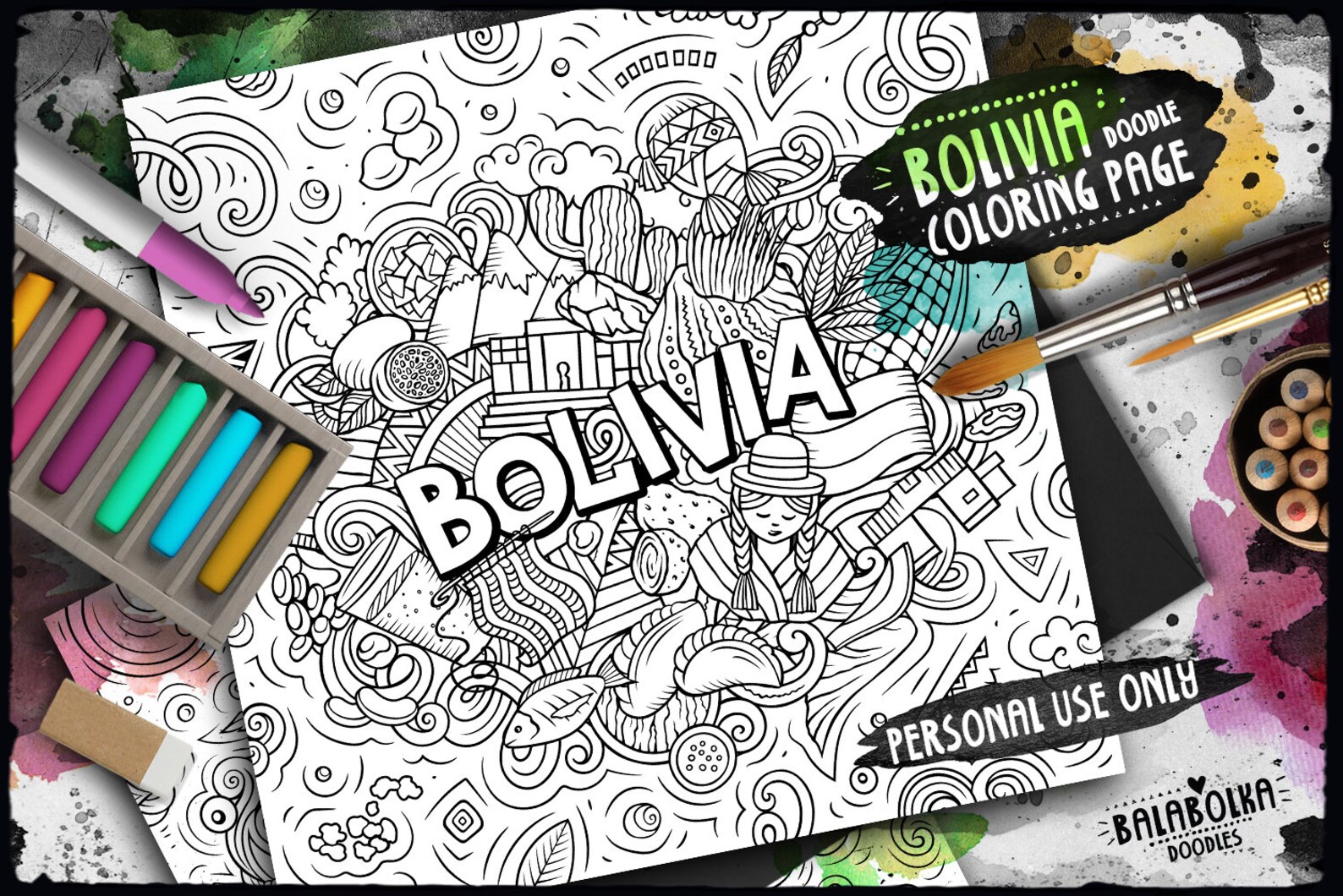BOLIVIA Digital Coloring Page/ Latino Adult Coloring/ Latin American ...