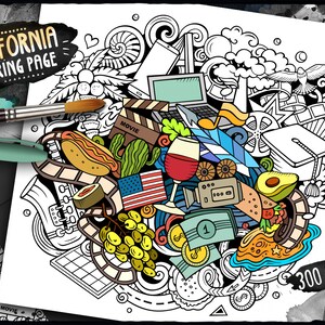 CALIFORNIA Digital Coloring Page/ American Doodle Illustration/ USA ...