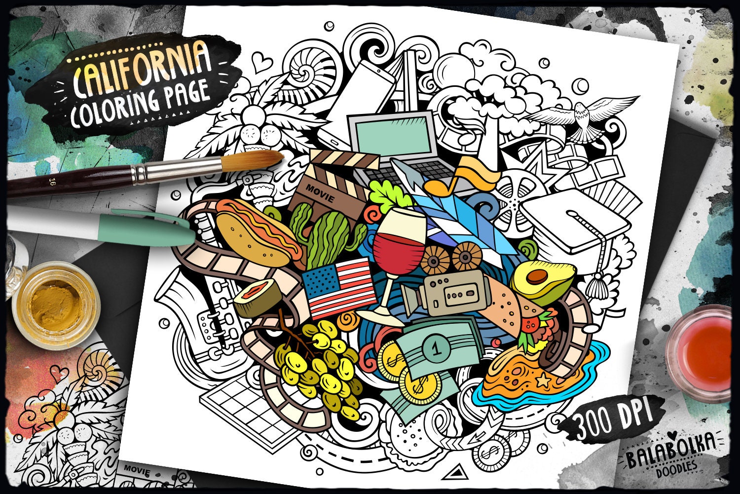 CALIFORNIA Digital Coloring Page/ American Doodle Illustration/ USA ...