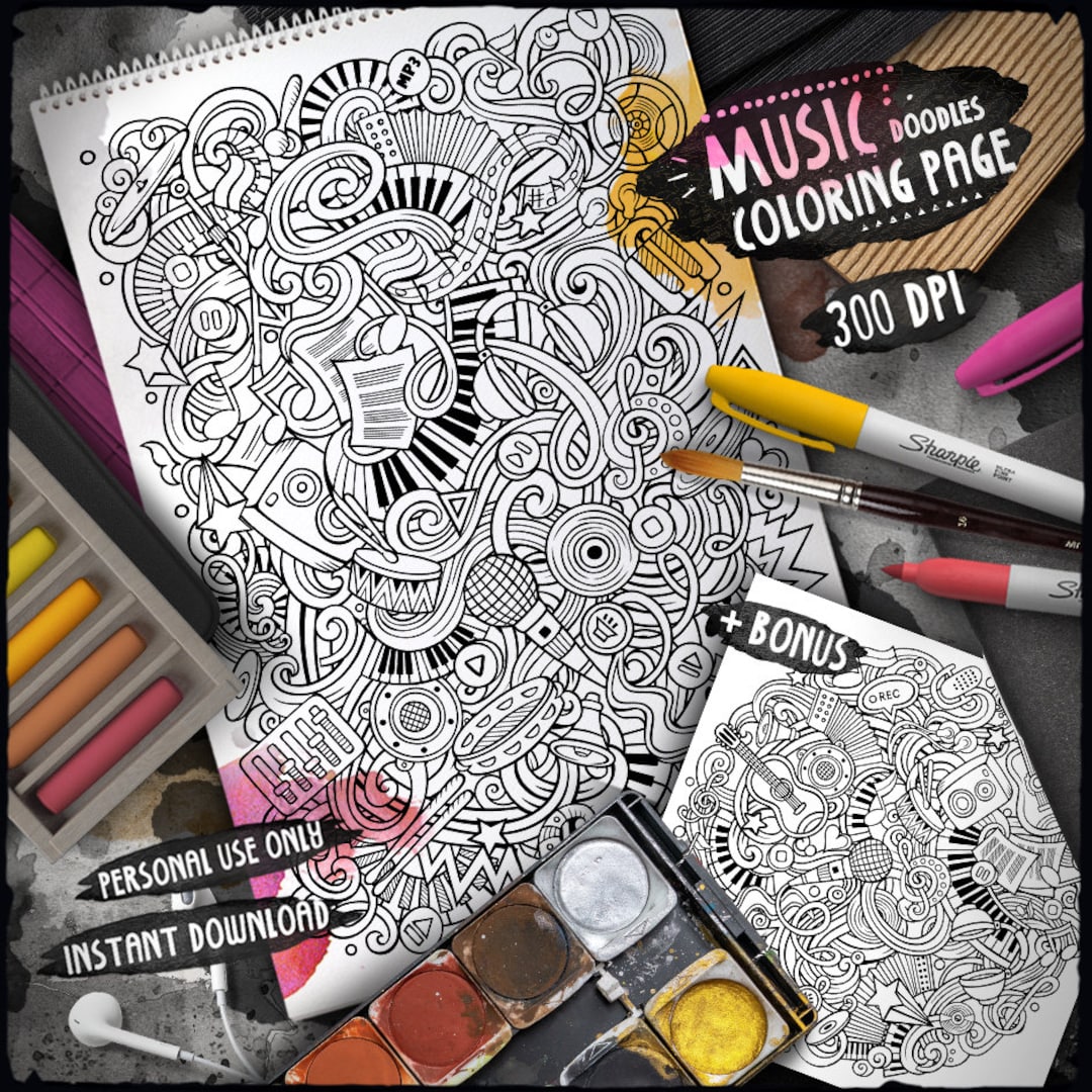 MUSIC Digital Coloring Page, Musical Doodle Adult Coloring Book ...