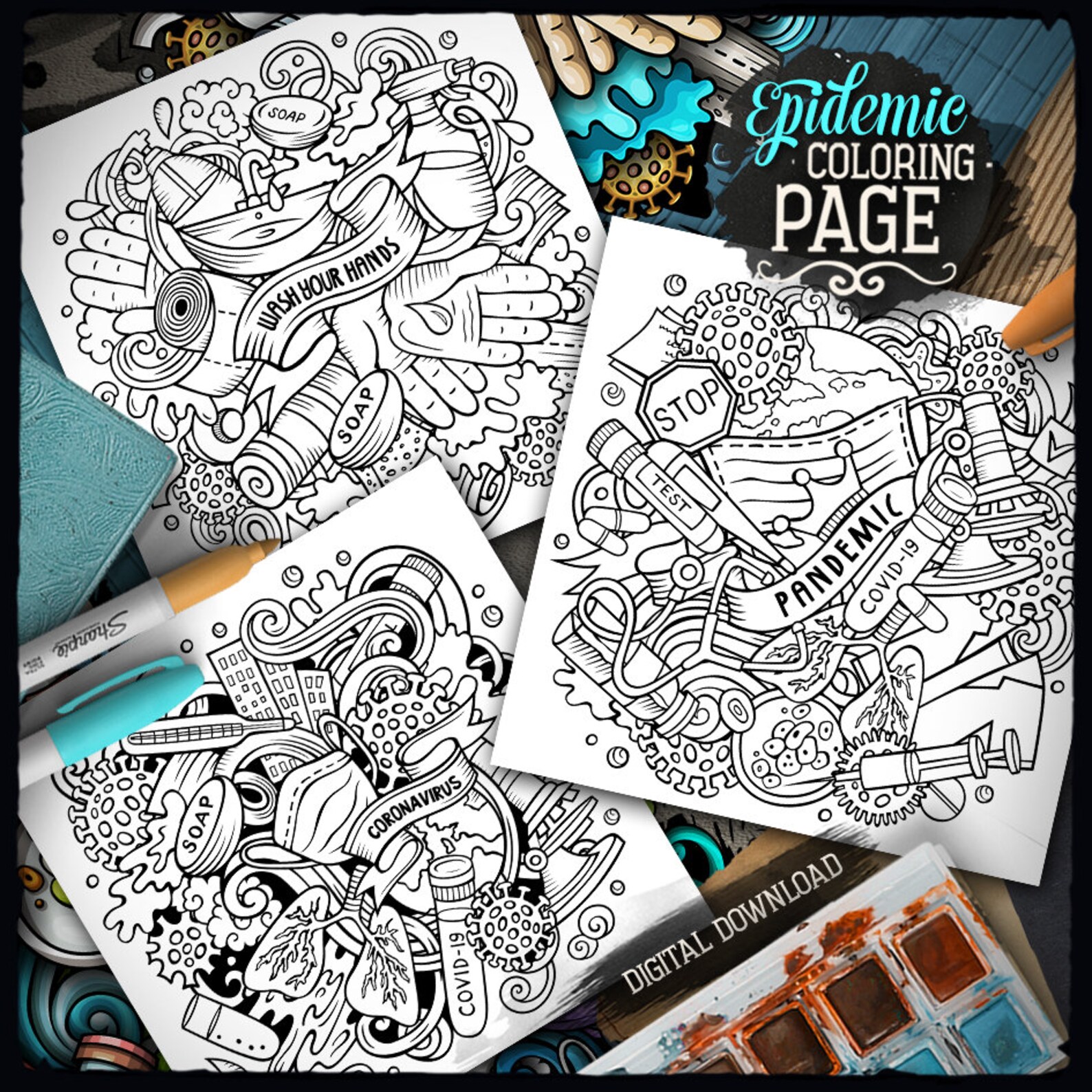 10 CORONAVIRUS Digital Coloring Pages Quarantine Adult | Etsy