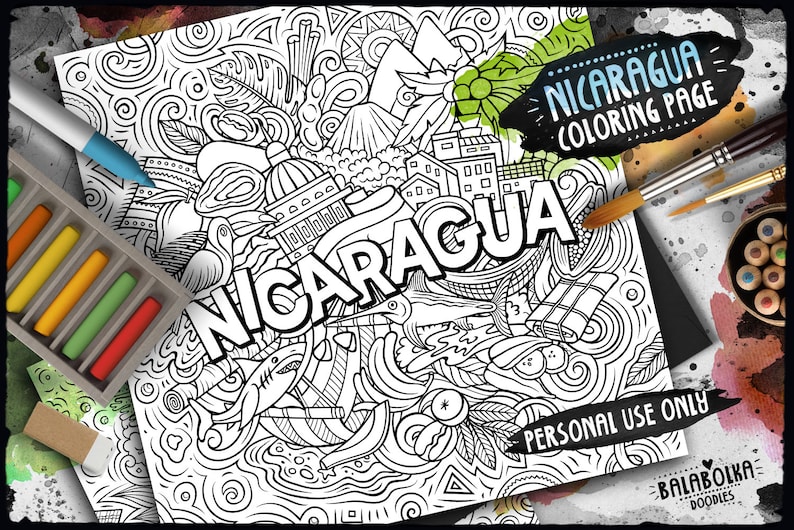 NICARAGUA Digital Coloring Page/ Travel Adult Coloring/ Central ...