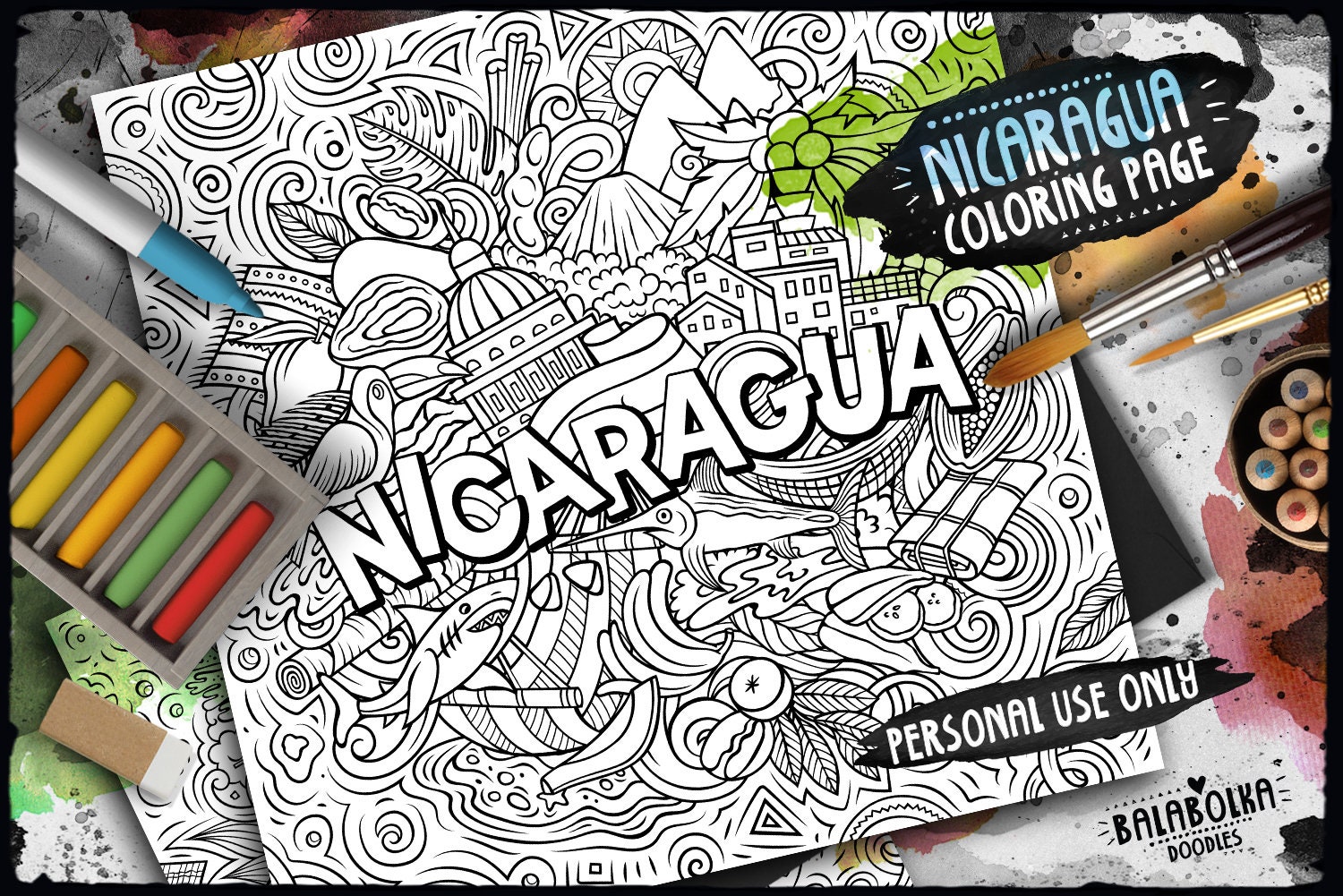 NICARAGUA Digital Coloring Page/ Travel Adult Coloring/ Central ...