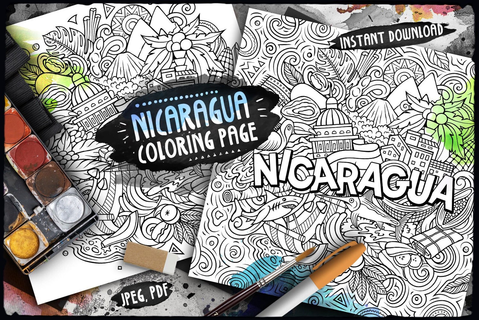 NICARAGUA Digital Coloring Page/ Travel Adult Coloring/ Central ...