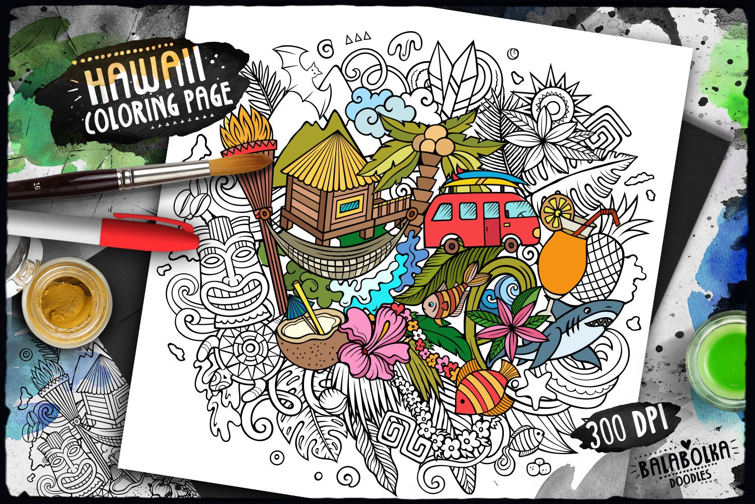 ALOHA Hawaii Digital Coloring Page/ Hawaiian Doodle Illustration ...