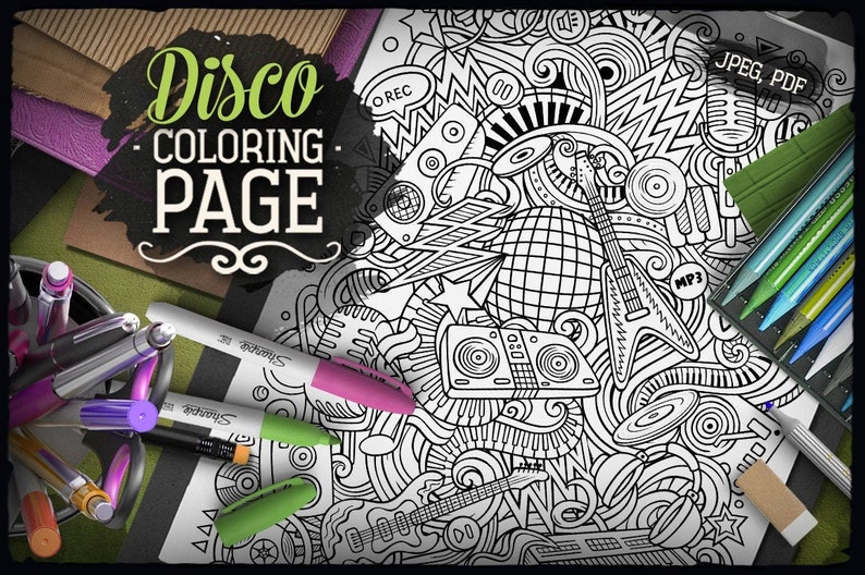 DISCO MUSIC Coloring Page/ Adult Coloring Book/ Digital Coloring Sheet ...