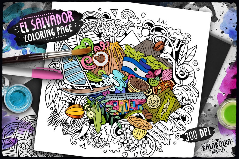 EL SALVADOR Digital Coloring Page/ Travel Adult Coloring/ Central ...