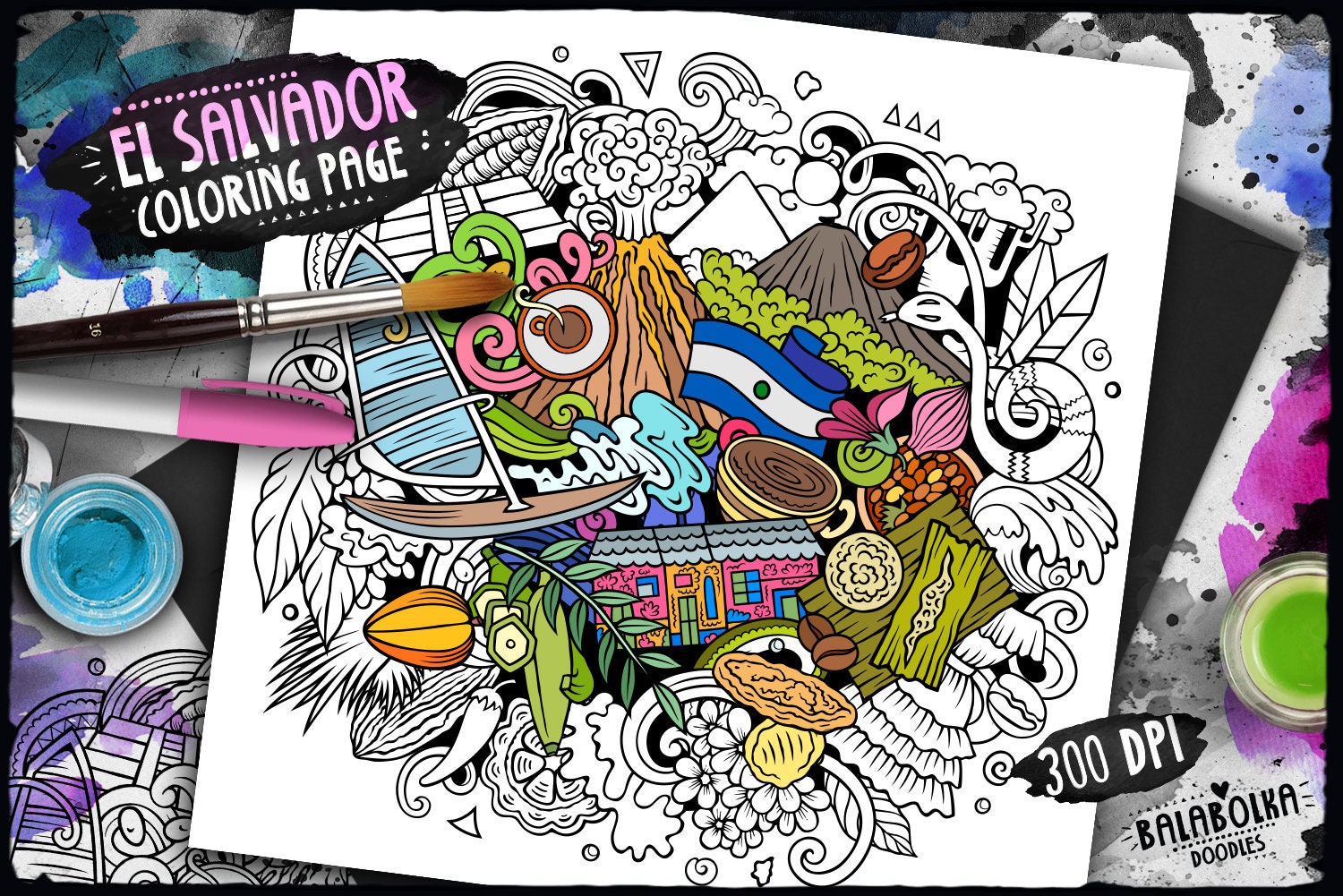 EL SALVADOR Digital Coloring Page/ Travel Adult Coloring/ Central ...