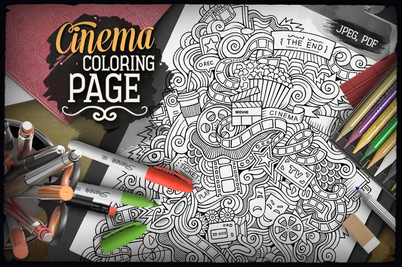 CINEMA Digital Coloring Page Movie Doodle Adult Coloring - Etsy