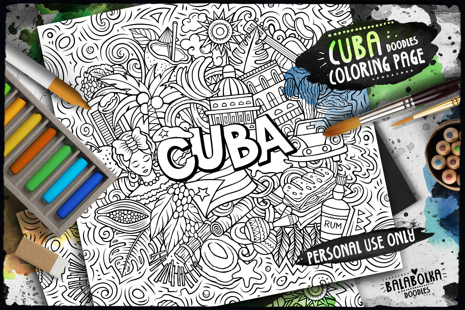 CUBA Digital Coloring Page/ Cuban Culture Travel Adult Coloring ...
