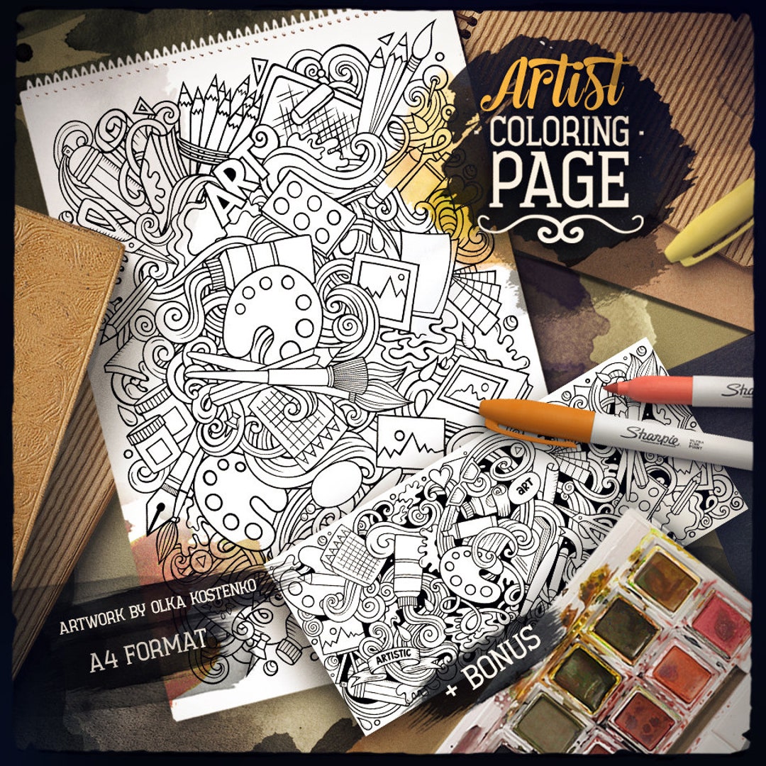 ARTIST Digital Coloring Page, Art Doodle Adult Coloring Book, Printable ...