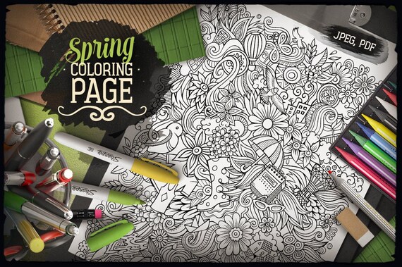 SPRING Digital Coloring Page Season Doodle Adult Coloring - Etsy