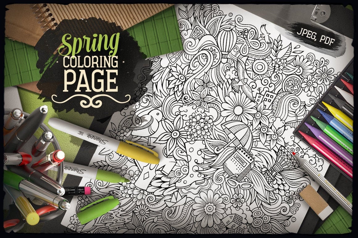 SPRING Digital Coloring Page Season Doodle Adult Coloring - Etsy