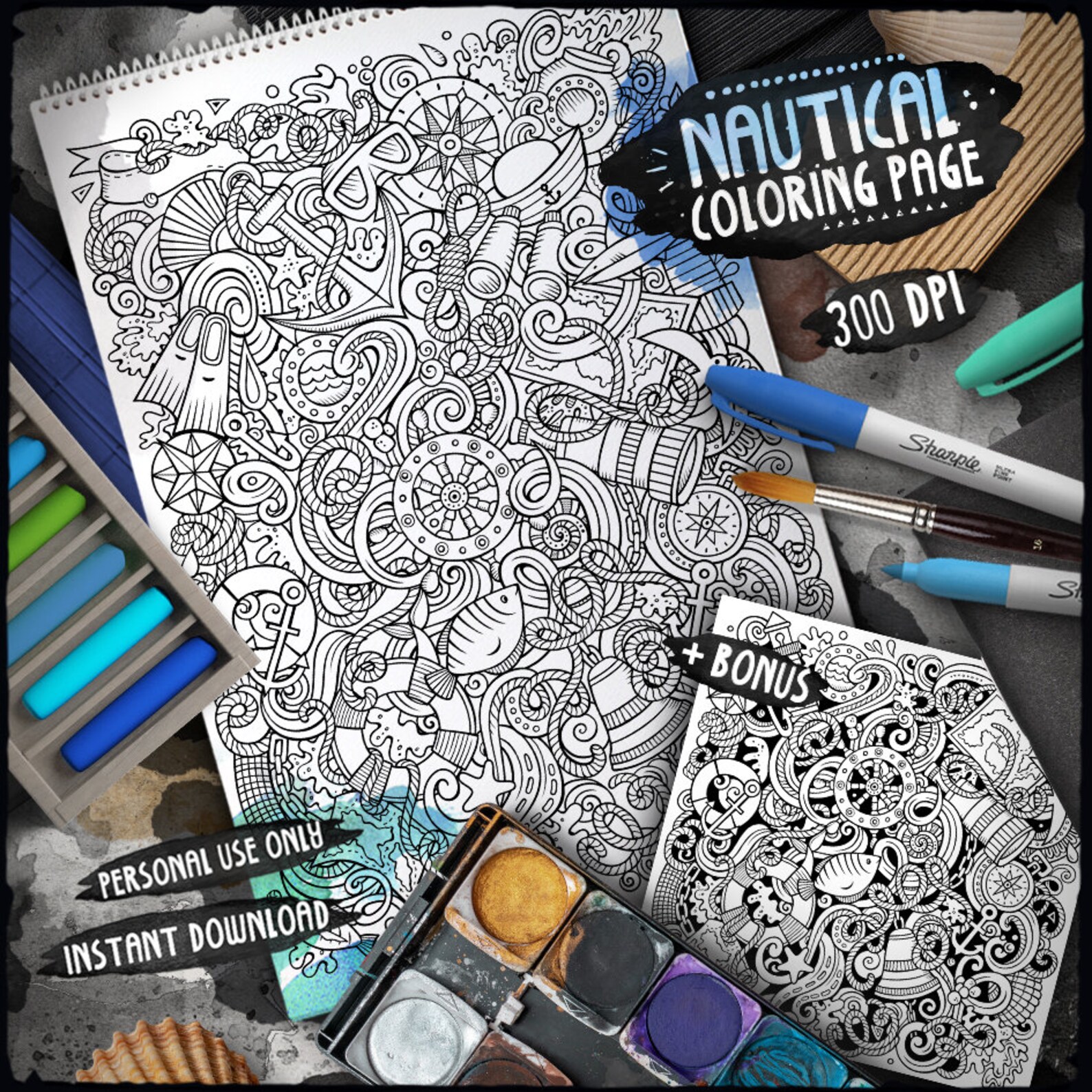 NAUTICAL Digital Coloring Page, Marine Doodle Adult Coloring Book ...
